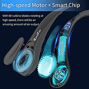 Bladeless Neck Fan 5000mAh, Necklace Fan Battery Operated 4 speeds, Wearable Fan Rechargeable Strong Airflow, Hands-Free Fan Portable, for Outdoor Activities Travel Office Home (Black)