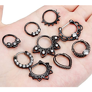 Ocptiy 16G Septum Ring Piercing Jewelry 316L Stainless Surgical Steel Horseshoes Hinged Septum Seamless Hypoallergenic Cute Septum Clicker Nose Ring Earring Hoop Piercing Jewelry Men Women Black 10mm