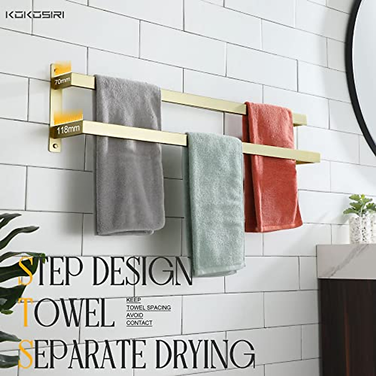 KOKOSIRI 32'' Towel Bars Bathroom 2-Tiers Ladder Bath Towel Hook Wall Mount Square Robe Hook Coat Hook Brushed Gold B5008BG-L32+B1010BG-P2