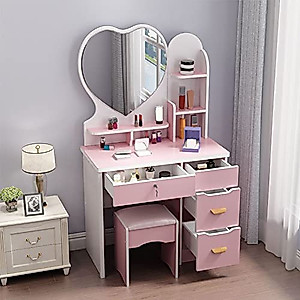KWOKING 4-Drawers Mirror Table Dressing Table Wood 47.24" H Vanity Table Set Dressing Table Dressers Multi-Functional Dressing Table Pink Heart Shape Mirror on Right 14" L x 31.5" W x 47.5" H