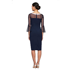 Alex Evenings Women's Short Shift Cocktail Dress with Embellished Illusion Detail, Wedding Guest (Petite and Regular Sizes), Navy, 14