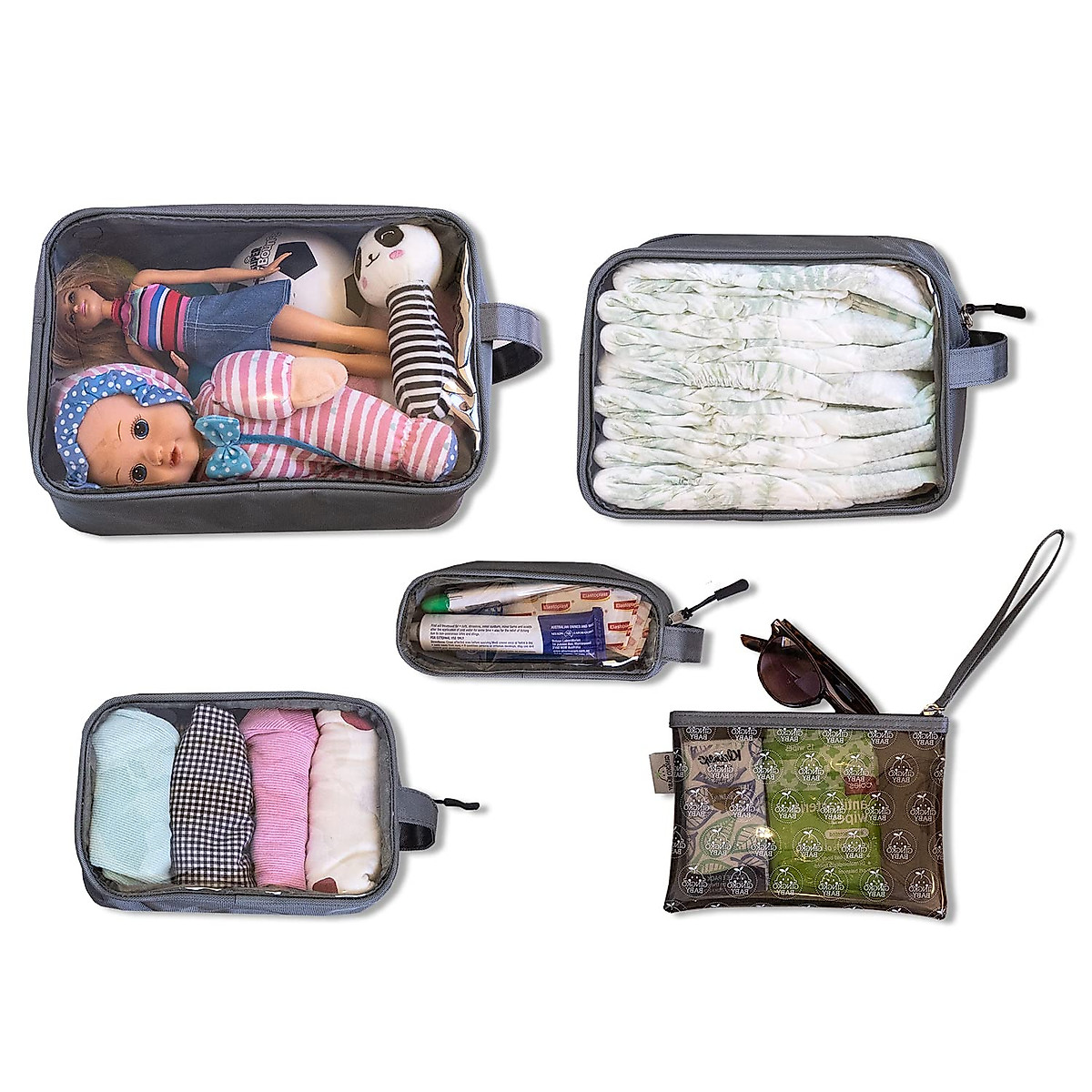 Gingko Baby Supa Tough Diaper Bag Organizing Pouches Set of 5 - Premium Quality Clear Organizer Inserts - Versatile Wipe Clean Baby Packing Cubes - Nursery and Travel Organization (Silver Grey)