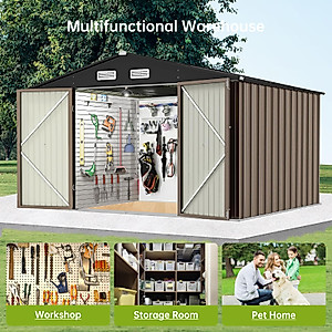 8.6'x10.4' Outdoor Storage Shed, Large Garden Shed, with Slooping Roof and 4 Vents. Updated Reinforced and Lockable Doors Frame Metal Storage Shed for Patiofor Backyard, Patio, Garage, Lawn，Brown
