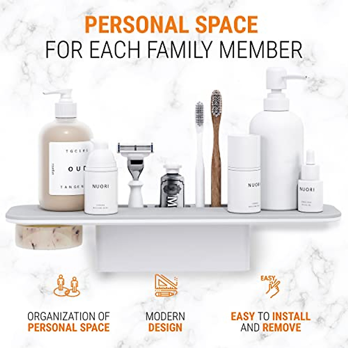 KUKAKETA Bathroom Organizer Shelf with Toothbrush Holders, Soap Dish, Shower Caddy Bathroom Shelves Wall Mounted Shower Shelf Space Saver Bathroom Storage - Adhesive or Drilling (white - light gray)