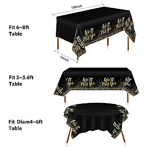 GuoZhiXin 3 Pack We Will Miss You Black and Gold Plastic Tablecloths, Disposable Party Table Cloths, Dot Confetti Covers for Retirement Awaits Bye Office Work Graduation , 54inch x 108inch