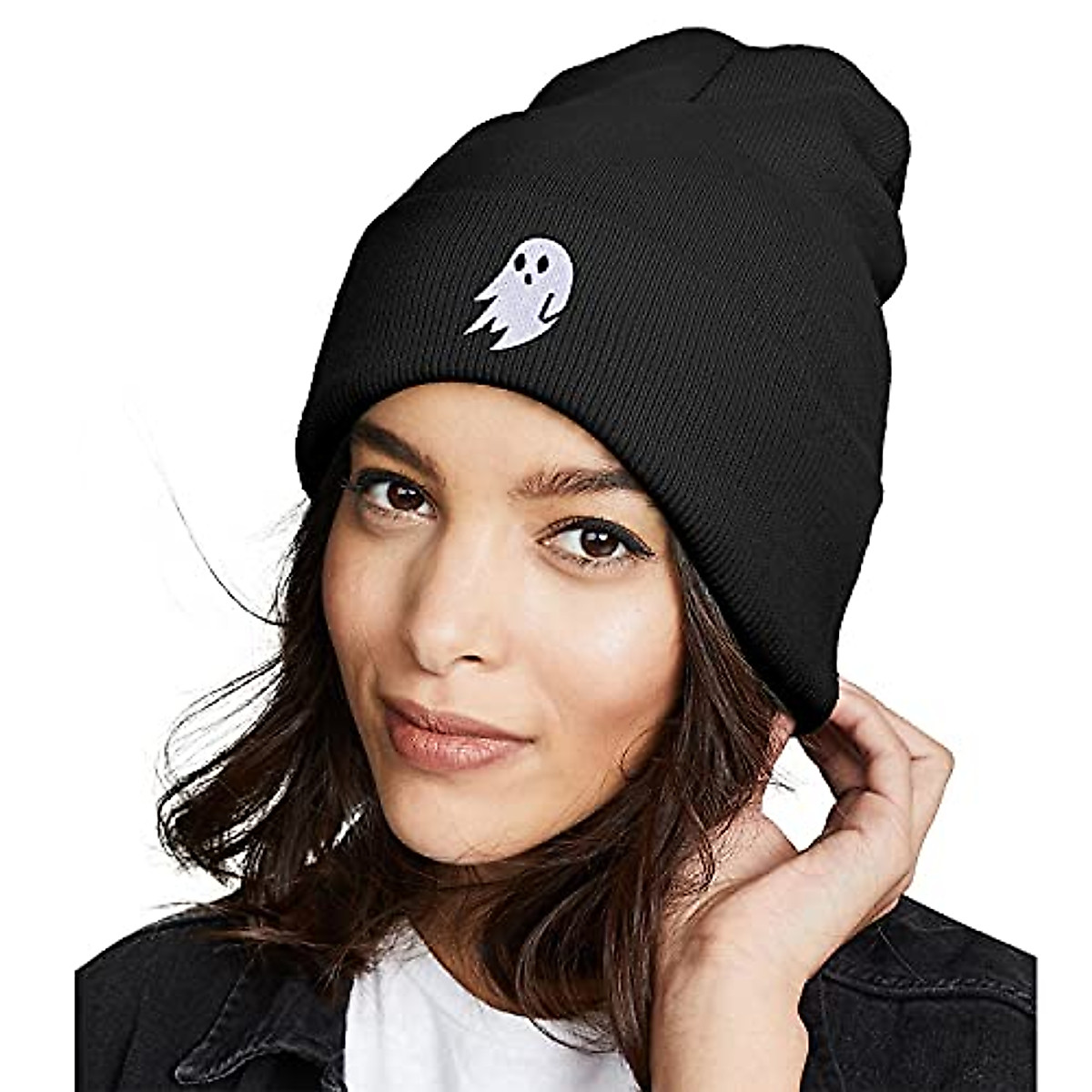 LHSCVUFASC Halloween Winter Ghost Hats for Men Women Boo Hat Soft Warm Unisex Skull Cap Knit Beanie Black