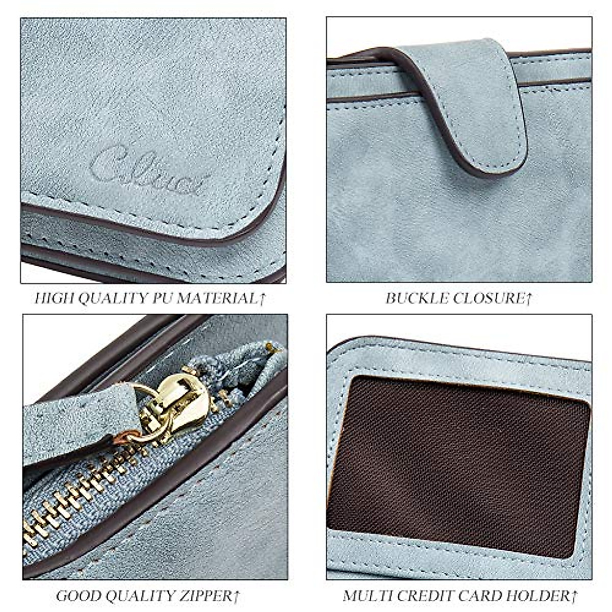 Wallet for Women PU Leather Clutch Purse Bifold Long Designer Ladies Checkbook Multi Credit Card Holder Organizer with Coin Zipper Pocket Light Blue