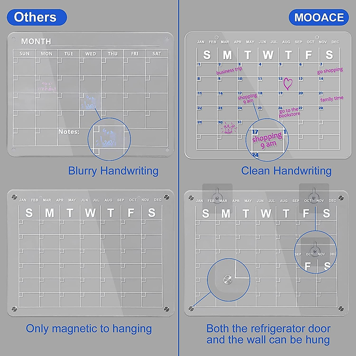 Acrylic Magnetic Dry Erase Board,MOOACE Adhesive Calendar Planner Board for Fridge and Wall Set of 2,Includes 6 Magnetic Markers with 3 Colors,Pen Holder,Clean Cloth and Self Adhesive Wall Hooks