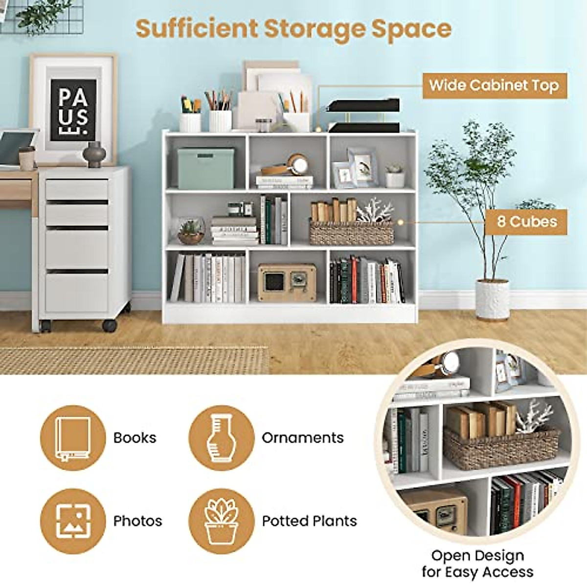 IFANNY 3 Tier Bookcase, Modern Bookshelf with 8 Storage Cubes, Wood Storage Cube Shelves, Small Bookshelves for Small Spaces, Book Shelf for Bedroom, Living Room, Home Office (White)