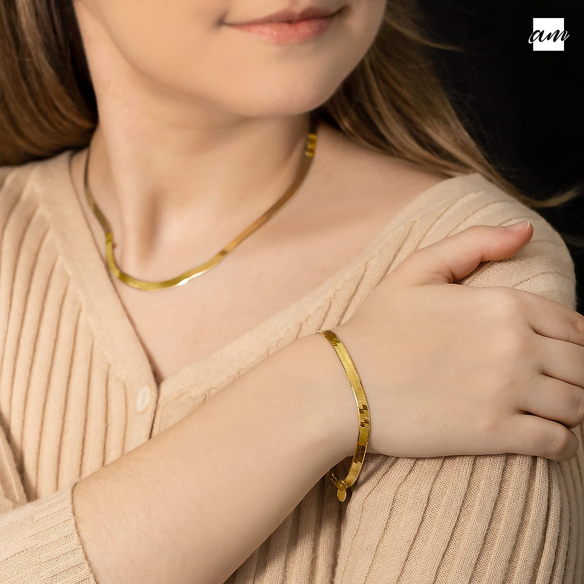 Amberta Women 925 Sterling Silver Flat Snake Bracelet: 4.5 mm Gold Plated Herringbone Bracelet 8 inch