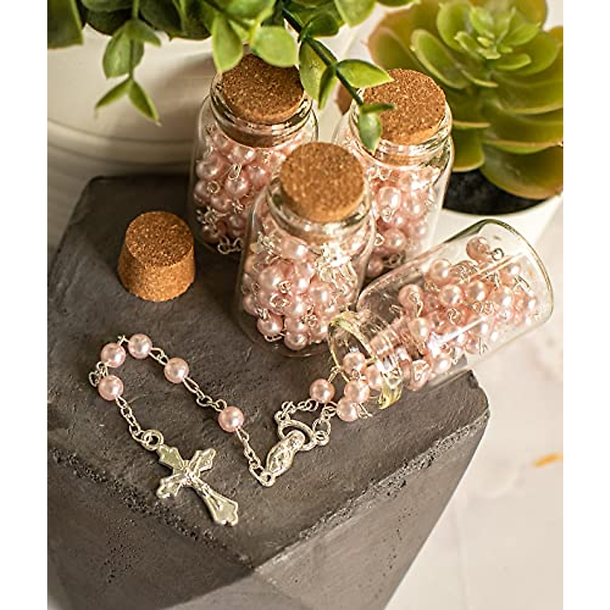 Baptism Favor (12PCS) Holy Communion Rosary in Glass Bottle Jar Recuerdos De Bautizo Quinceanera Pink Pearl Christening Recuerdos para Primera Comunion Niña Quinceanera Gift for Guests