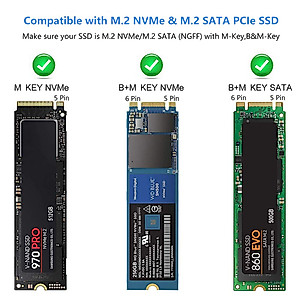 M.2 NVMe SATA SSD Enclosure Adapter Tool-Free, USB 3.2 Gen2 10Gbps External NVMe to USB PCI-E 6Gbps SATA M-Key / B+M Key, NVMe Reader Support UASP Trim for SSDs 2230/2242/2260/2280