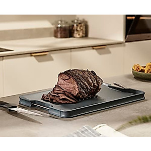Joseph Joseph Cut&Carve Plus - Non-Slip Multi-Function Double-Sided Chopping Board, Food Preparation and Carving, with Raised Edges Stainless-Steel Handles, Dishwasher Safe (Large) - Sky