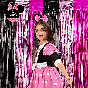 LOLStar 3 Pack Minnie Birthday Party Supplies,3.3x6.6 ft Black Pink Fuchsia Tinsel Foil Fringe Curtains,Cartoon Mouse Photo Booth Prop Streamer Backdrop,Minnie Themed Party Decoration for Girls Babies