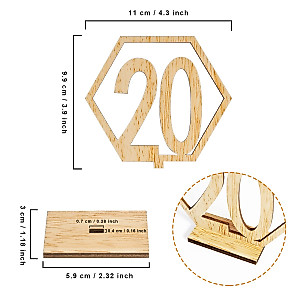 Wooden Table Numbers,Fashionclubs 1-20 Wedding Table Numbers with Holder Base,Hexagon Shape,Perfect for Wedding, Party, Events or Catering Decoration