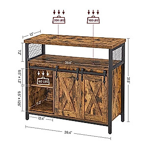 VASAGLE Buffet Sideboard Storage Cabinet with Adjustable Shelf and Sliding Barn Door, Open Compartment, 13 x 39.4 x 31.5 Inches, Rustic Brown and Black