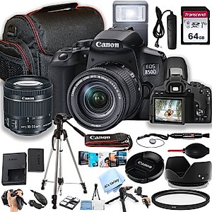 Canon EOS 850D / Rebel T8I DSLR Camera w/EF-S 18-55mm F/4-5.6 STM Zoom Lens + 64GB Memory, Case, Tripod, Flash, Remote, and More (32pc Bundle) (Renewed)