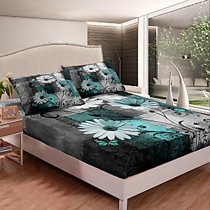 Flowers Geometric Full Size Fitted Sheet,Green Grey Black Square Print Soft Luxury Bedding Set,3D Floral Abstract Art Graffiti Bed Cover All Round Elastic Pocket with 2 Pillowcases