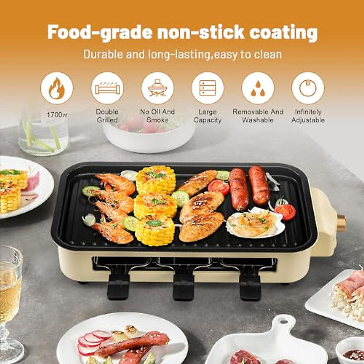 SUEWRITE Electric Smokeless Indoor Grill, Electric Grill Non-Stick Cooking Removable Plate, Portable Korean BBQ Grill with Removable Temperature Control, Dishwasher Safe, 1500W
