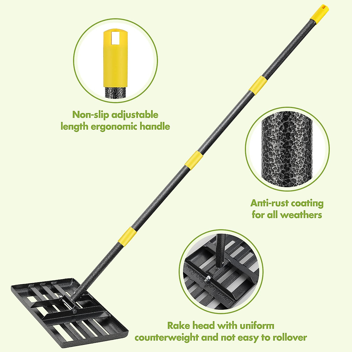 Lawn Leveling Rake,17"x10" Lawn Leveler Tool for Lawns with 5FT Ergonomic Handle,Heavy Duty Leveling Rakes for Lawns,Yard Garden Golf Course, Ease Level Soil Sand Dirt Surfaces