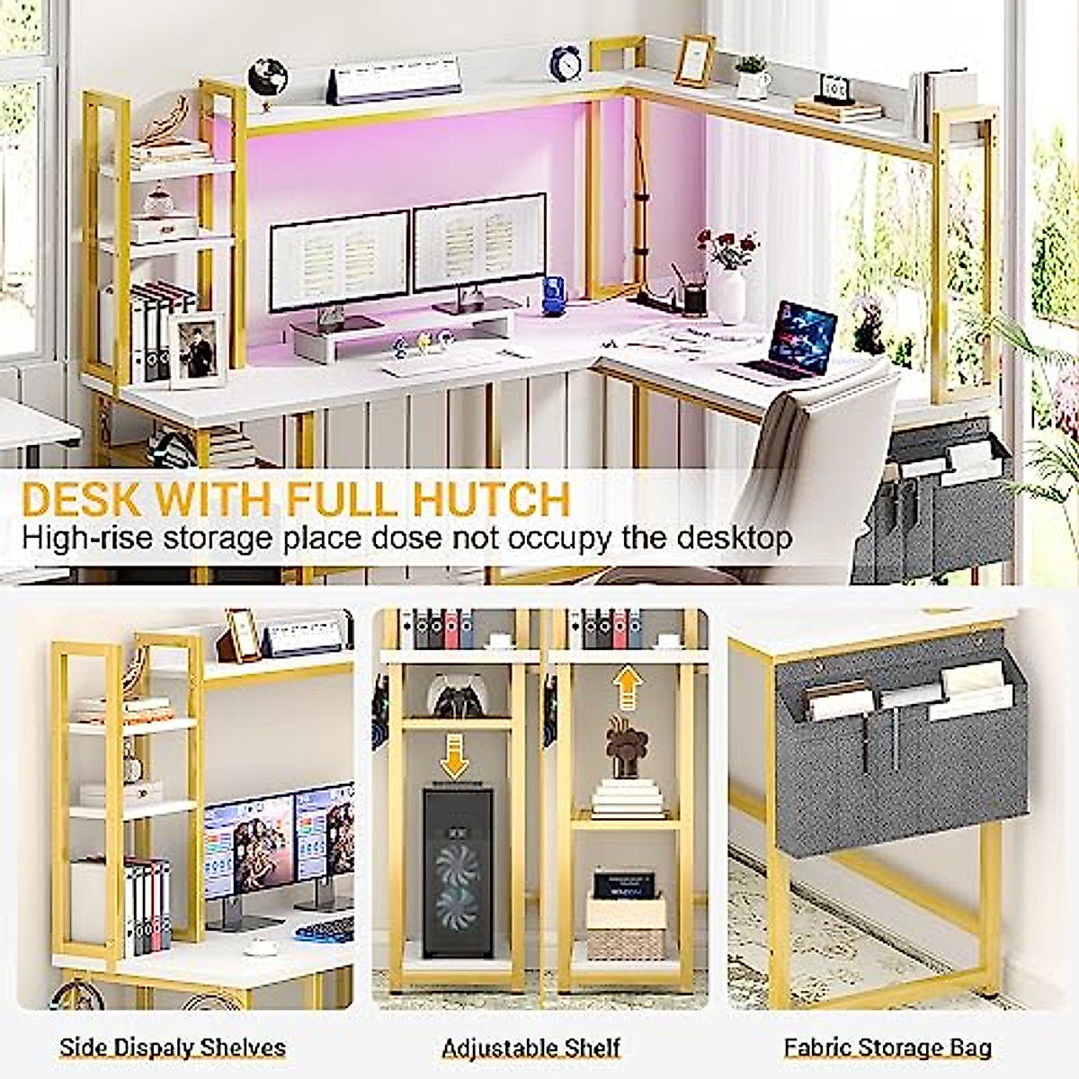 Aheaplus L Shaped Desk with Power Outlet, L Shaped Gaming Desk with Led Light & Hutch, Reversible Home Office Desk, Corner Computer Desk Writing Desk with Monitor Stand & Storage Shelf, White+Gold