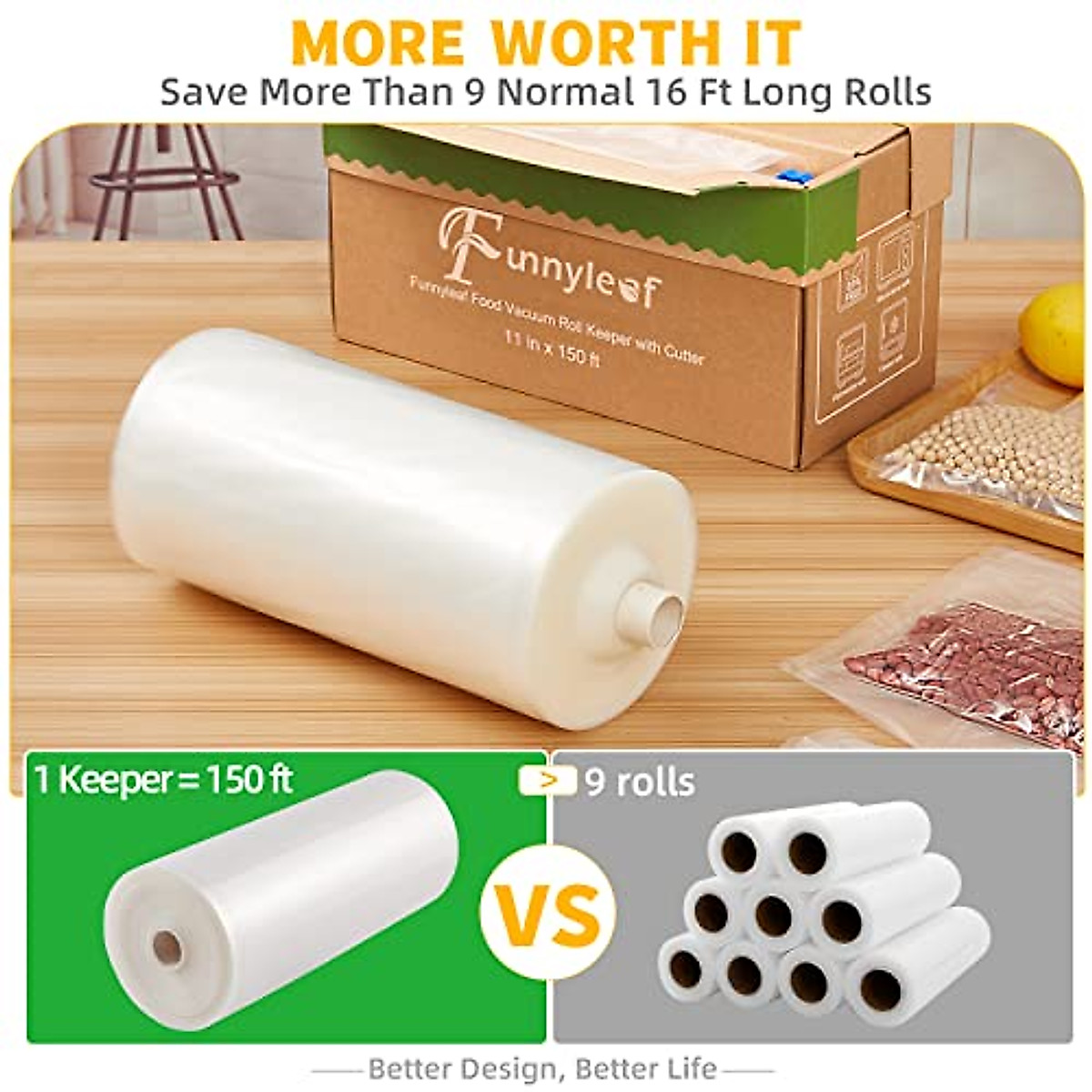 Funnyleaf 8" x 150’ Food Vacuum Seal Roll Bags Keeper with Cutter, Ideal Vacuum Sealer Bags for Food Save, Commercial Grade, BPA Free, Great for Meal prep, Storage and Sous Vide