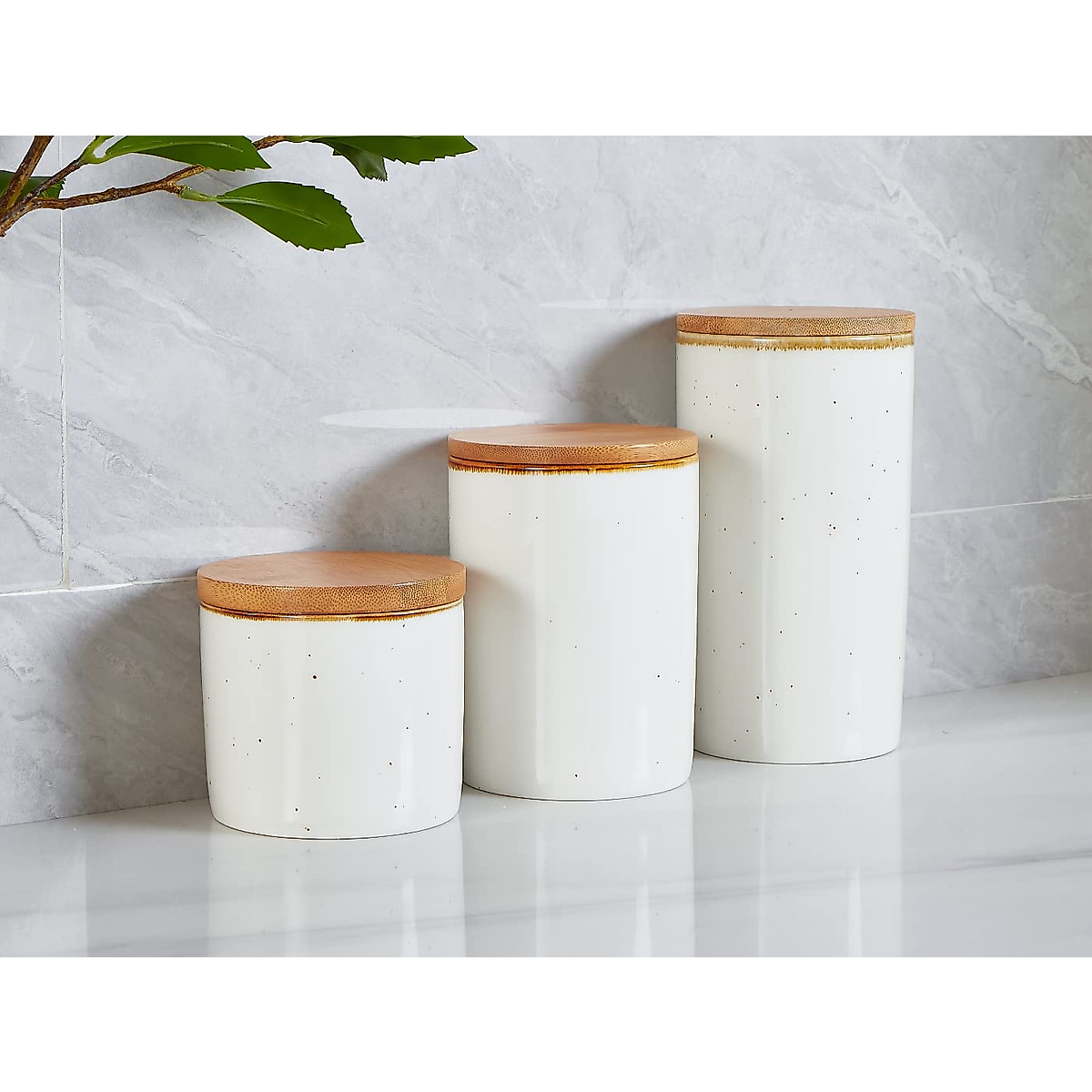 ONEMORE Ceramic Canisters Set for Kitchen Ceramic Storage Jars Countertop Sugar and Flour Storage Canisters With Bamboo Lids - Set of 3 Speckled Coffee Container Jars for Sugar, Tea, Cereal, Snack