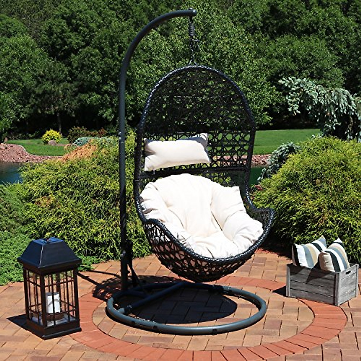 Sunnydaze Cordelia Hanging Egg Chair with Steel Stand Set - Resin Wicker - Outdoor Large Basket Design Patio Lounge Chair - Includes Beige Cushion and Headrest