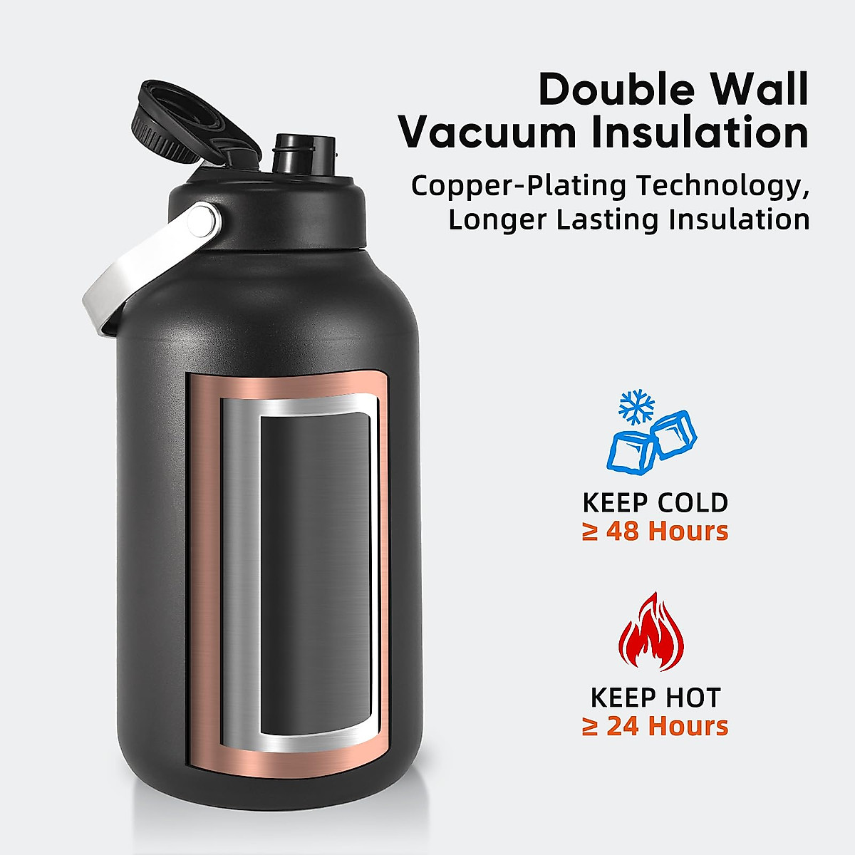 One Gallon Water Bottle, 128oz Stainless Steel Insulated Water Bottle For Hot & Cold Drinks, BPA-Free, Wide Mouth, Leak-Proof Big Water Jug With Handle For Sports, Travel, Hinking & Camping, Black