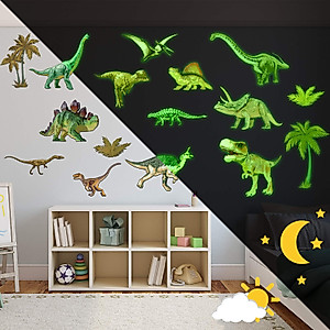12 Pieces Glow in The Dark Dinosaur Wall Decals Dinosaur Glow Wall Stickers and 4 Pieces Coconut Trees Stickers for Kids Room Bedroom Living Room Classroom Home Decoration