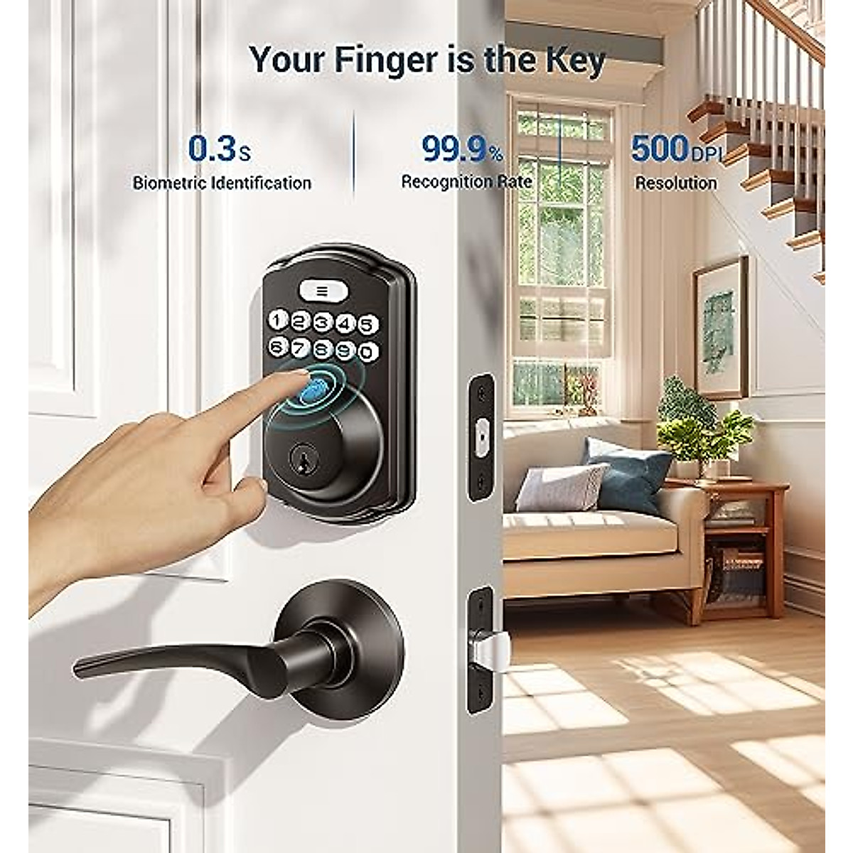 Veise Fingerprint Door Lock with 2 Lever Handles - Keyless Entry Door Lock, Electronic Keypad Deadbolt & Front Door Lock Handle Sets, Auto Lock & 1 Touch Locking, Easy Installation, Matte Black