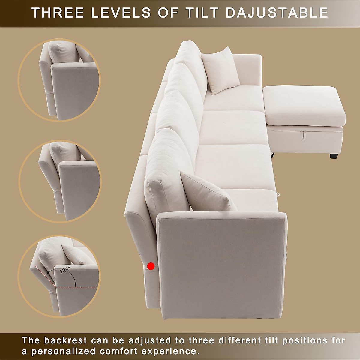 Nixorien Modular Sectional Sofa,U Shaped L Shaped Sectional Couch with Storage 5 Seats,Adjustable Backrest,Convertible Sectional Couch for Living Room (Beige)