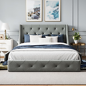 WEEWAY Upholstered Queen Size Bed Frame with 4 Storage Drawers and Wingback Headboard, Button Tufted Design, No Box Spring Needed, Easy Assembly, Light Grey