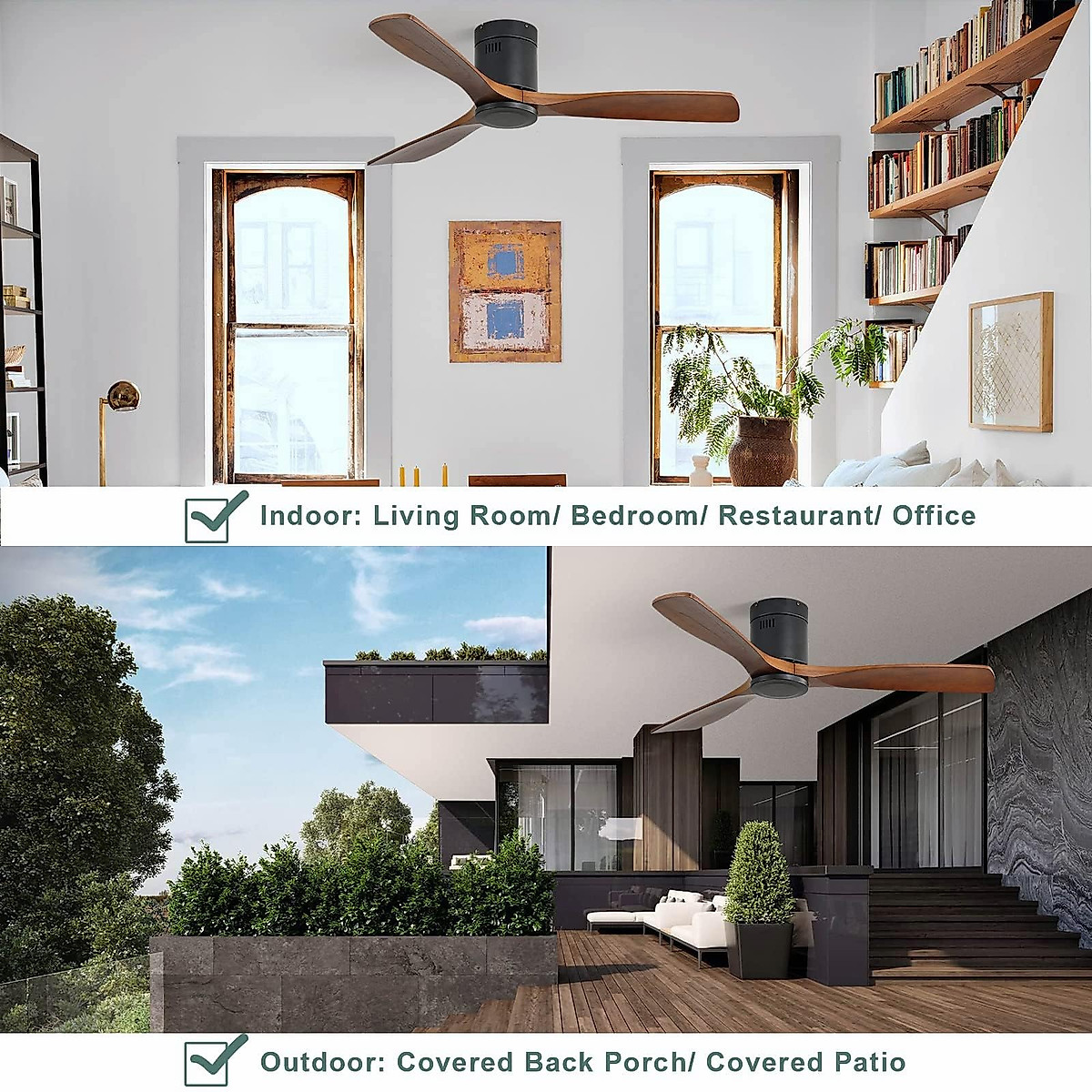 CACI Mall 52 Inch Ceiling Fan with Remote Control, Low Profile Flush Mount Ceiling Fan without Light, 3 Walnut Wood Ceiling Fan No Light, Noiseless Reversible ETL DC Motor with Timer