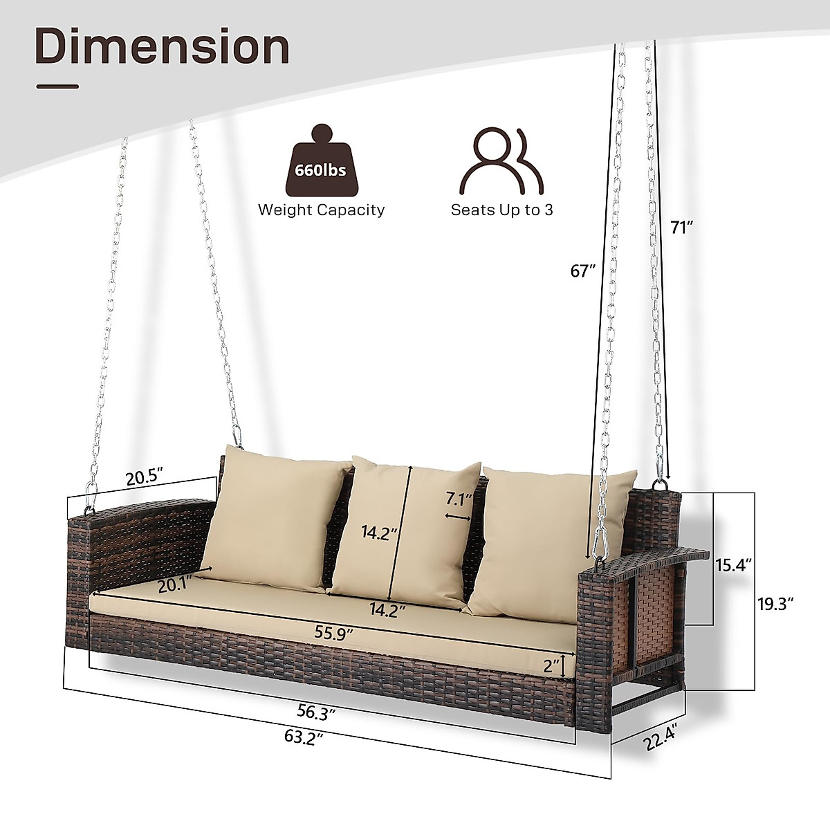 Outvita Porch Swing, 5FT Hanging Outdoor Porch Swings for Adults, Wicker 3 Person Patio Swing, with Cushion, Pillow and Chain for Garden, Backyard, Weight Capacity - 1000lbs