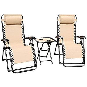 GOLDSUN 3 PCS Zero Gravity Chair Foldable Patio Chaise Lounge Chairs Outdoor Adjustable Recliner Folding Lounge Table Chair Set for Backyard Porch and Swing Poolside (Beige)