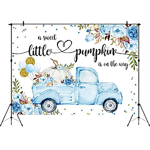 Aperturee Little Pumpkin Baby Shower Backdrop 7x5ft A Little Sweet Pumpkin is On The Way Blue Floral Truck Balloons It's a Boy Photography Background Fall Autumn Party Decorations Banner Photo Booth