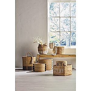 Mud Pie Hyacinth Beaded Basket Set, Brown, small 9" x 12" dia | large 11" x 14" dia