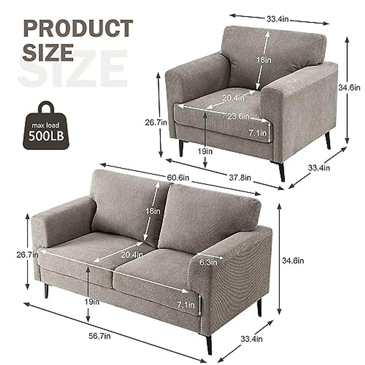 SENYUN 57" Sofa, Comfy Loveseat with Extra Deep Seats, Linen Fabric Upholstered Modern 2-Seats Sofa Couches for Living Room, Bedroom, Small Space