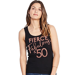 RhinestoneSash Womens Birthday Shirt - Rose Gold Sparkle Fierce Fabulous & 50 Tank Top - 50th Birthday Party Tanks - X-Large - Black