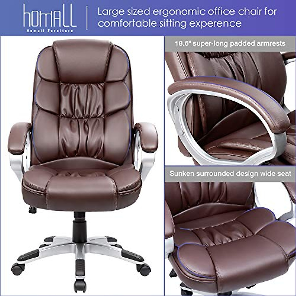 Homall Office Chair High Back Computer Chair Ergonomic Desk Chair, PU Leather Adjustable Height Modern Executive Swivel Task Chair with Padded Armrests and Lumbar Support (Brown)
