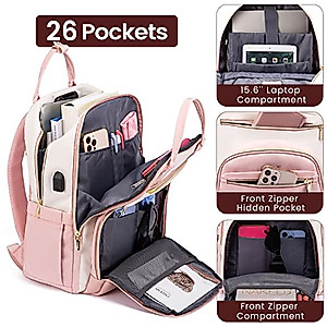 LOVEVOOK Laptop Backpack Women, Fits 15.6 Inch Laptop Bag, Fashion Travel Work Anti-theft Bag with Lock, Business Computer Waterproof Backpack Purse, University Backpacks, Beige-Pink-Pink
