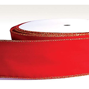 Red Velvet Ribbon Velvet Christmas Ribbon Red Wired 50 Yards/2.5 (2 1/2) Inch Wide w. Gold Trim Wire-Edge: Valentine, Xmas Gift Wrap, Christmas Tree Bows / Outdoor/ Wire Ribbons for Crafts/Gifts