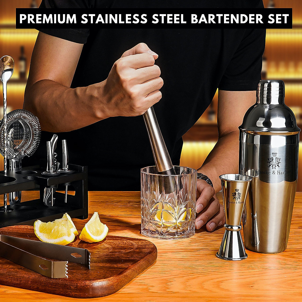 Hawke & Hanley Mixology Bartender Kit: Cocktail Shaker Bar Set with a Martini Shaker, Bar Tools and Black Bamboo Stand | Bartending Kit with Recipe Book | Unique Housewarming Gift (Silver)
