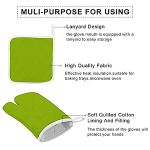 2Pcs Oven Mitts and Pot Holders Set, Lime Green White Oven Mitts Gloves Set Heat Resistant Hot Pads for Kitchen Cooking Grill
