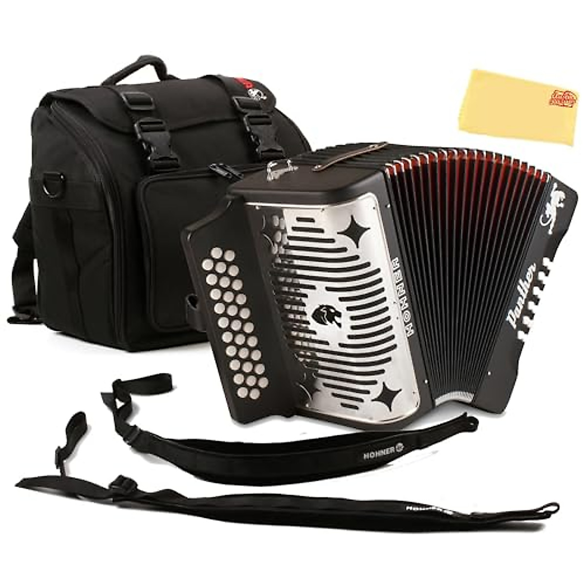 Hohner Panther Diatonic Accordion - Keys F/Bb/Eb Bundle with Hohner Accordion Road Kit and Austin Bazaar Polishing Cloth