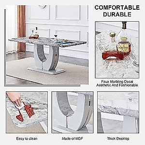 71in Modern Rectangle Dining Table for 8 or 6, Grey Imitation Marble Top Dining Room Table Kitchen Table w/White Bracket, Luxury Faux Marble Dining Table Dinner Table for Living Room Banquet Hall