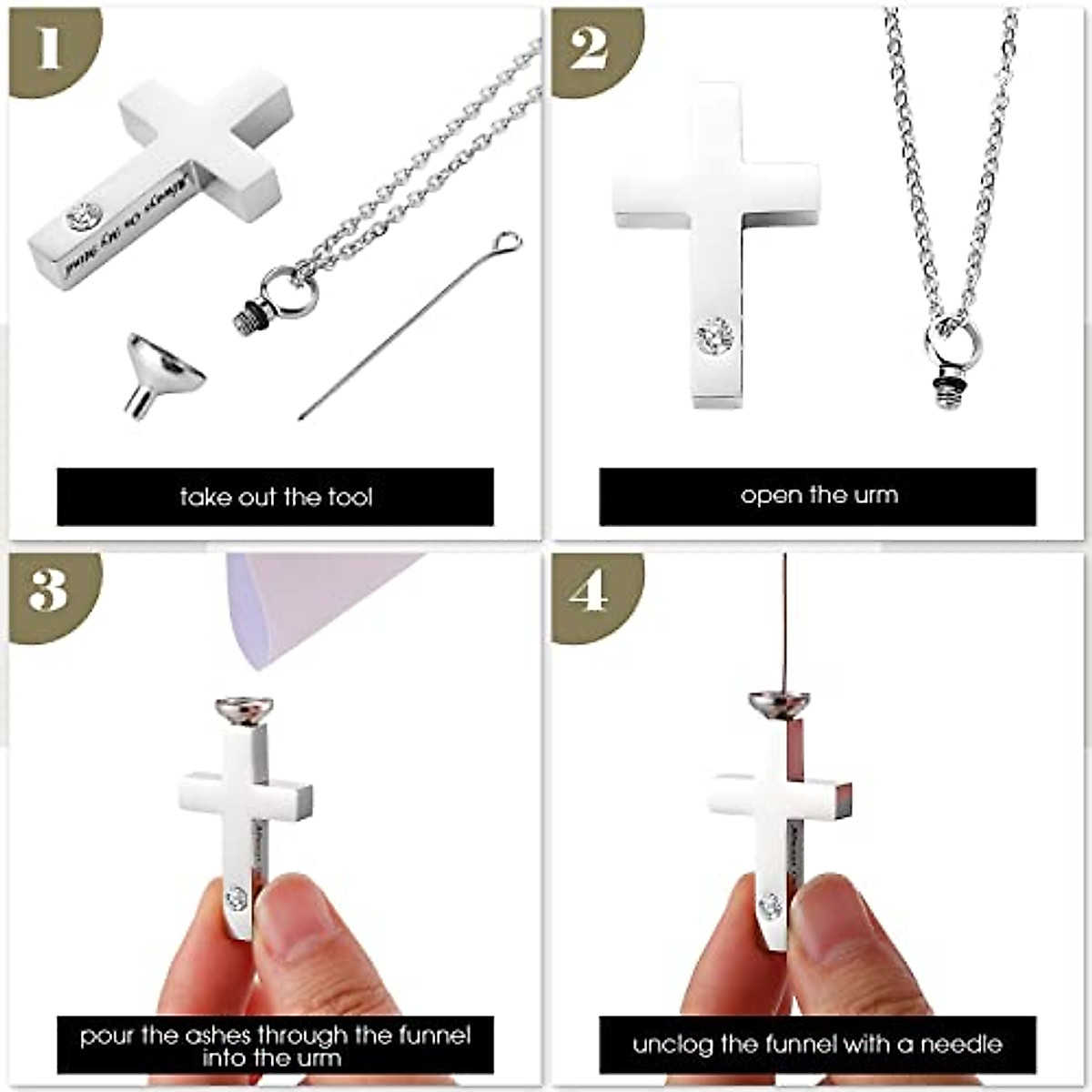 6 Pcs Urn Necklace for Ashe Stainless Steel Cremation Jewelry for Ashes Cross Ashes Necklace Memorial Cross Necklace Urn for Men Women
