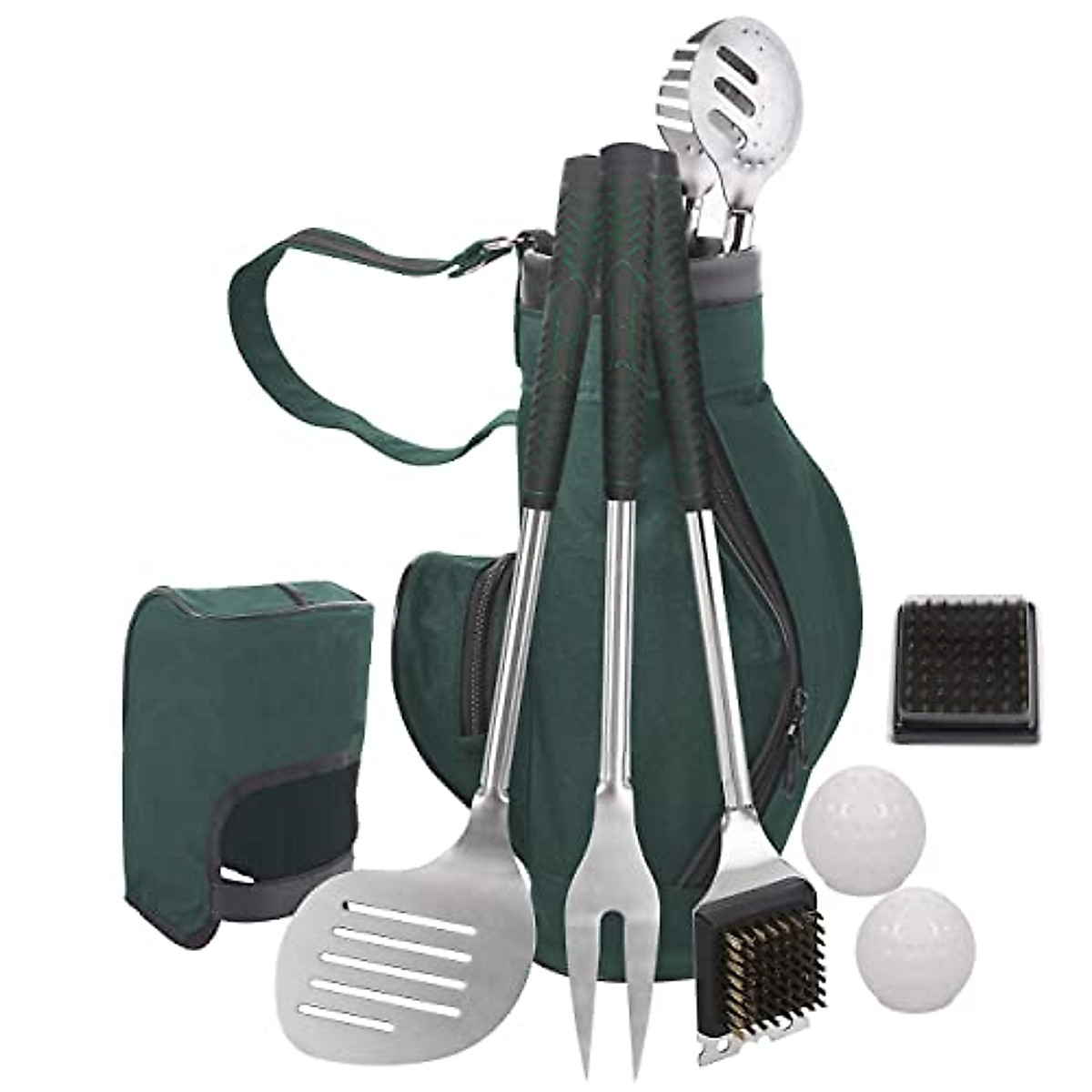 Grilljoy 8pcs BBQ Grill Tools Set. Extra Thick Stainless Steel Fork, Spatula,Tongs& Cleaning Brush - Complete Golf-Style Grilling Accessories with Long Heat-Resistant Grip