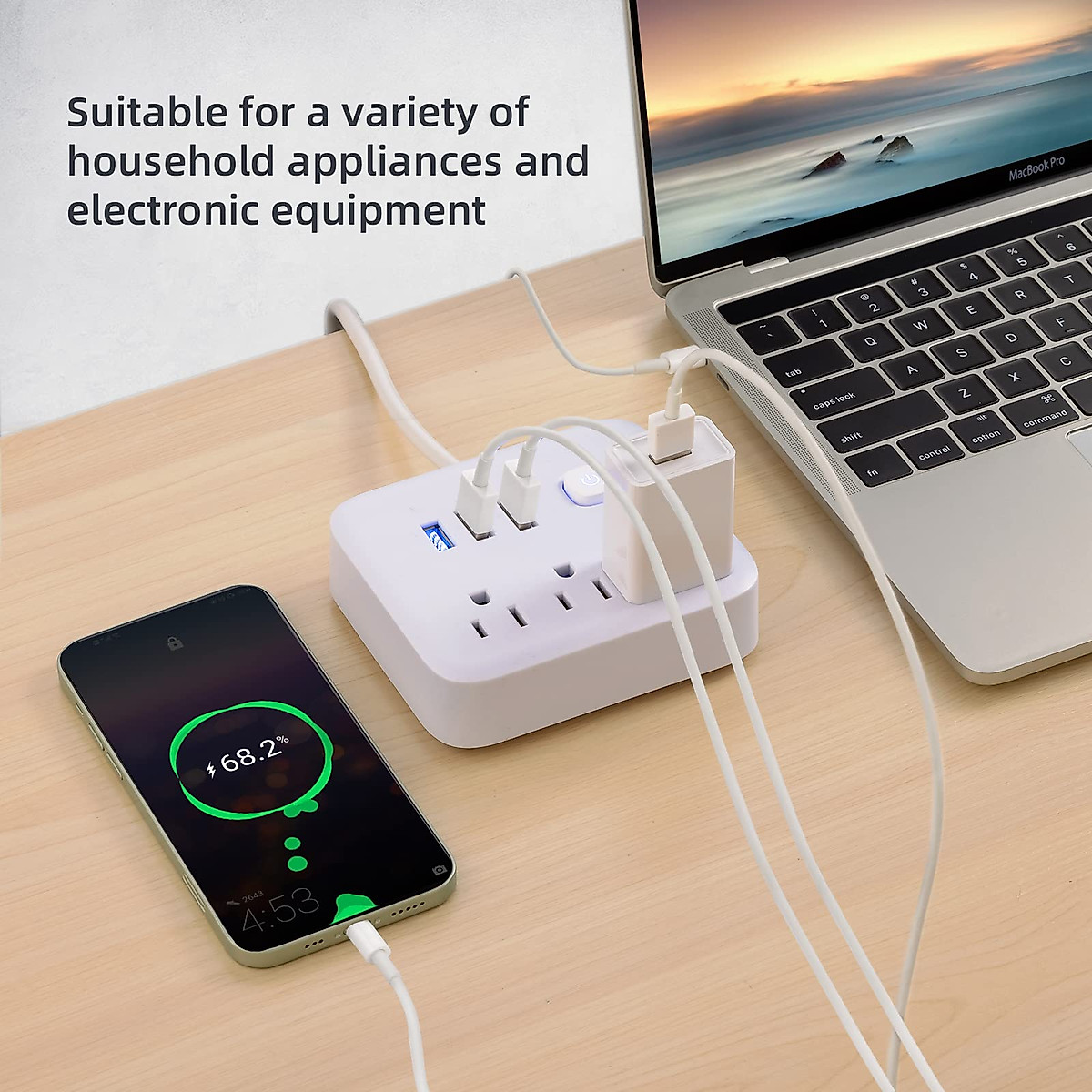 USB Flat Plug power strip]Extension Cord with 3 Outlets 3 USB Ports(Smart 2.1 A), 4ft Power Cord,UL Compact